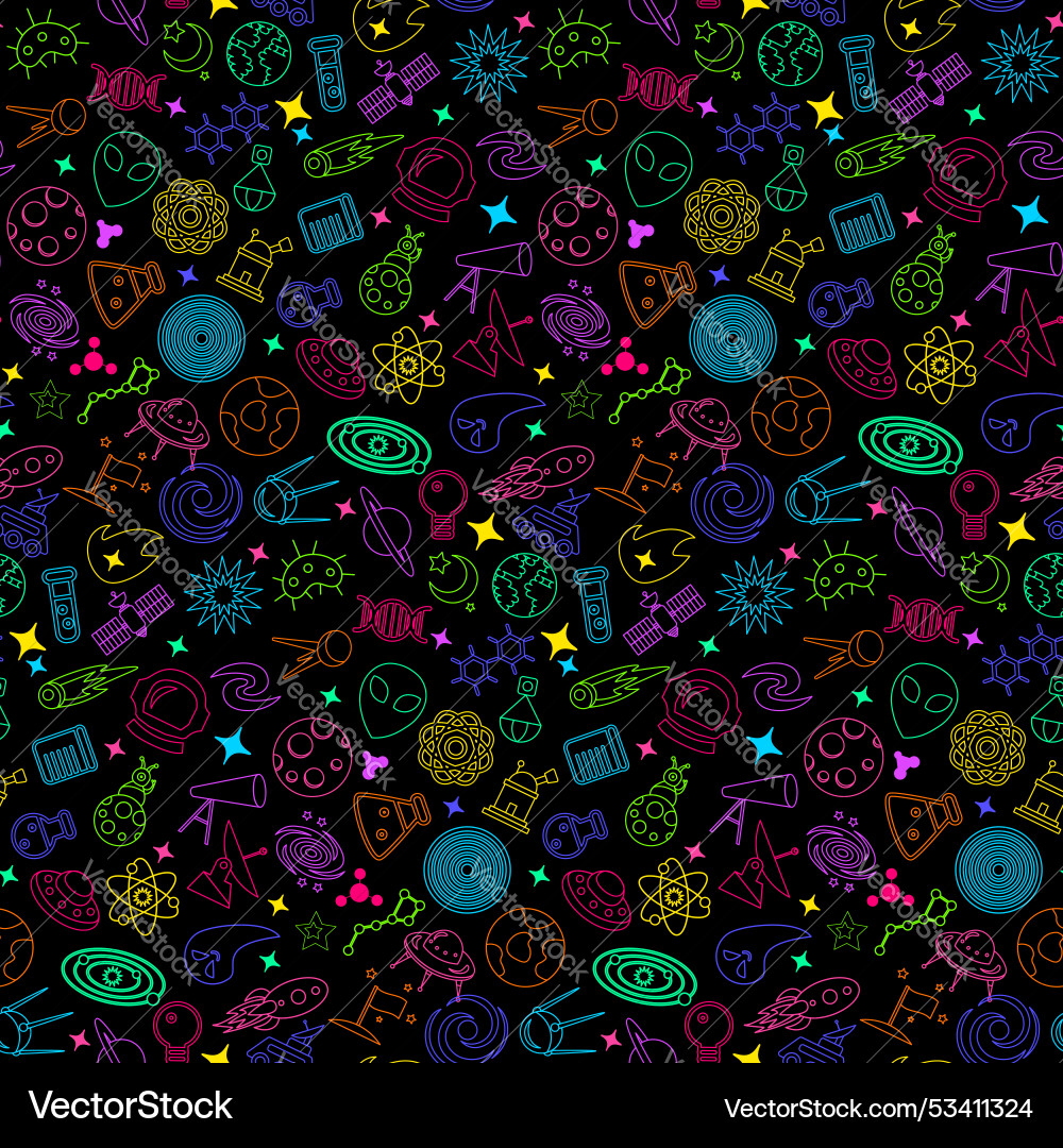 Neon cosmos science seamless pattern in outline Vector Image