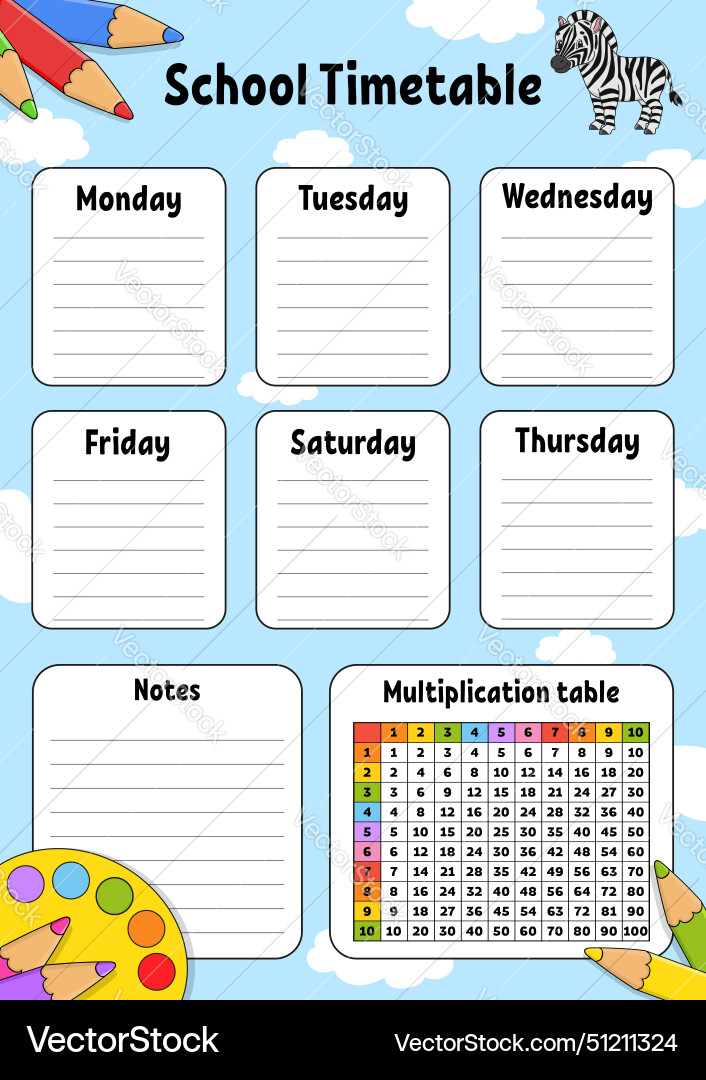 School timetable with multiplication table Vector Image