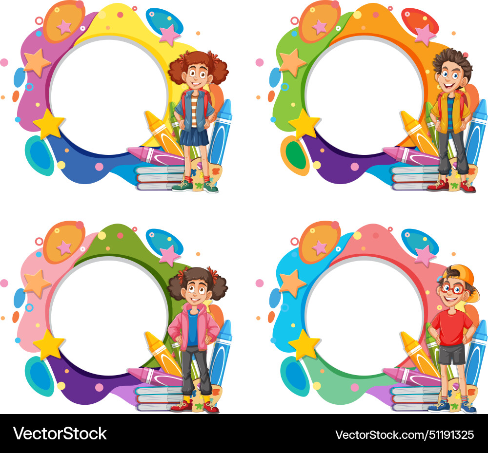 Four vibrant frames featuring a cheerful student Vector Image
