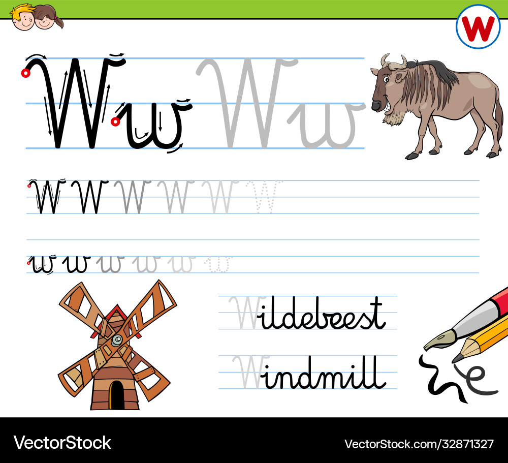 Writting letter w worksheet for children Vector Image
