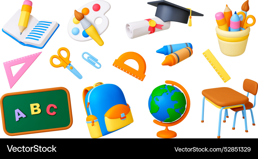 3d school supplies education lesson icons render Vector Image