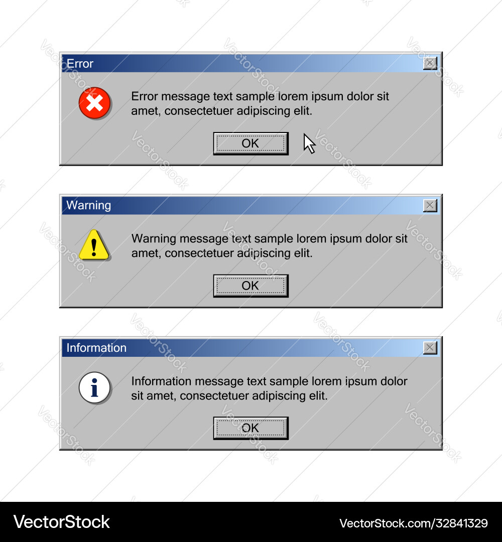 Critical error warning and information messages Vector Image