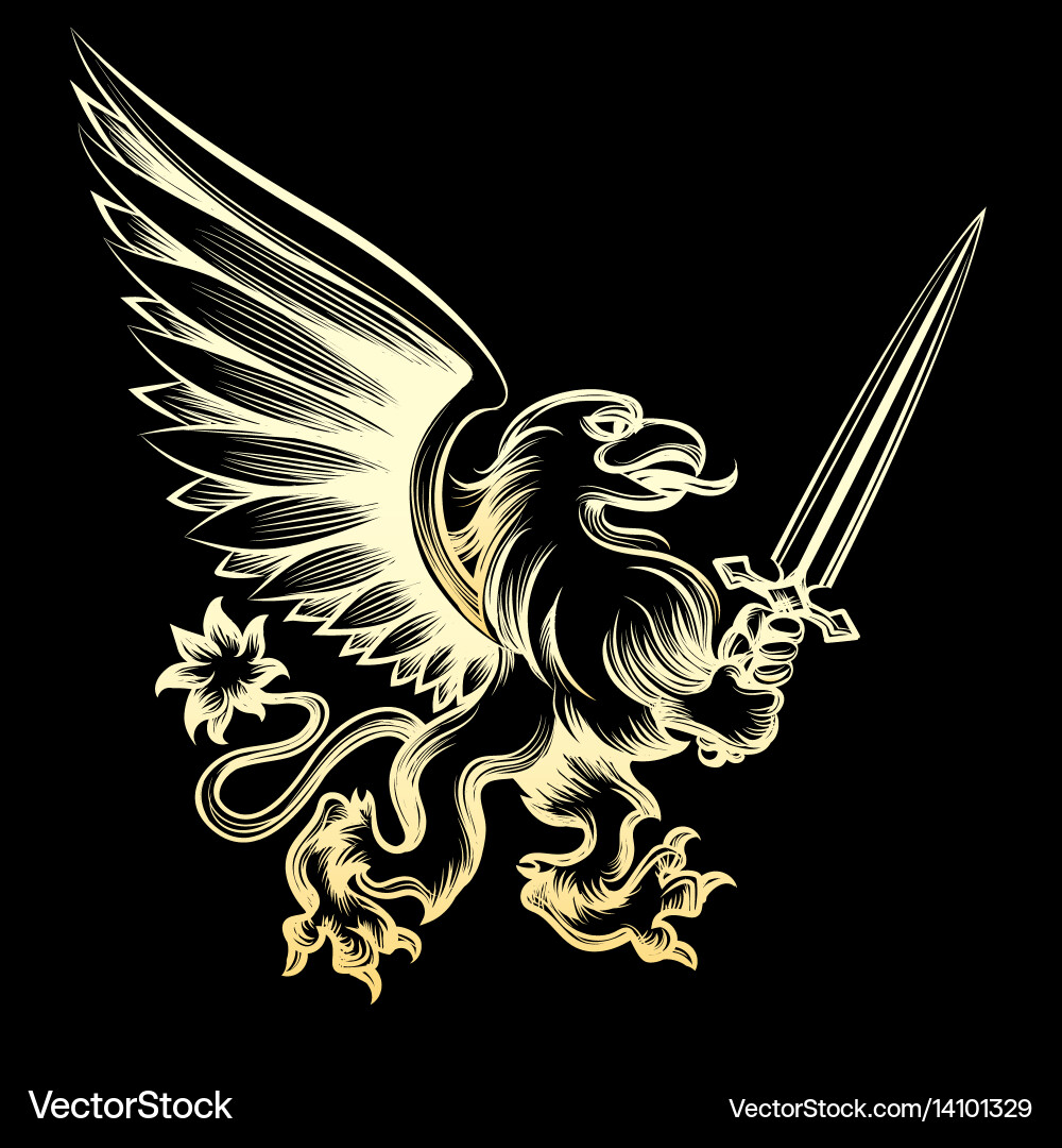 Golden heraldy gryphon with sword Royalty Free Vector Image