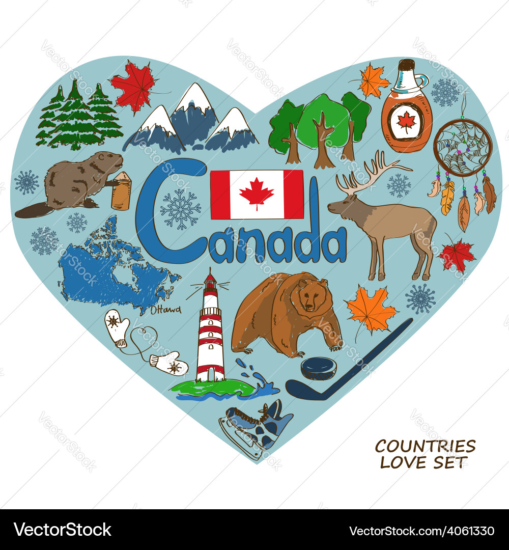 Canadian symbols in heart shape concept Royalty Free Vector