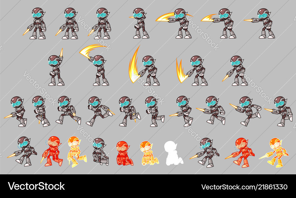 Grey cyborg enemy slayer game sprites Royalty Free Vector