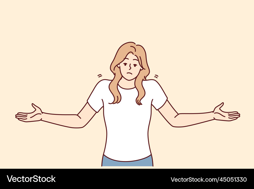Unsure woman throws up hands demonstrating lack Vector Image