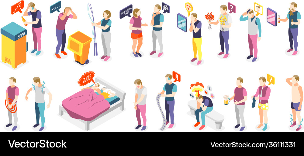 Men problems isometric set Royalty Free Vector Image