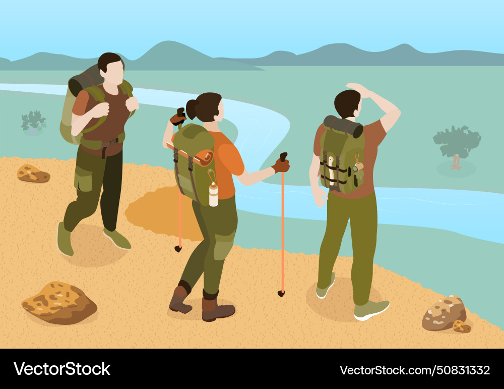Isometric hiking group composition Royalty Free Vector Image