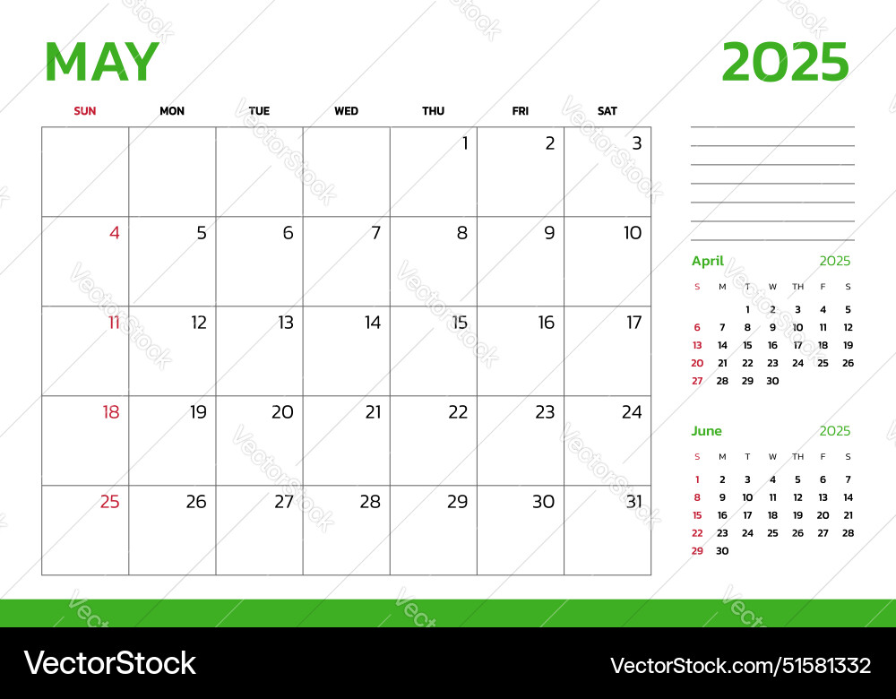 May 2025 calendar week start on sunday desk Vector Image