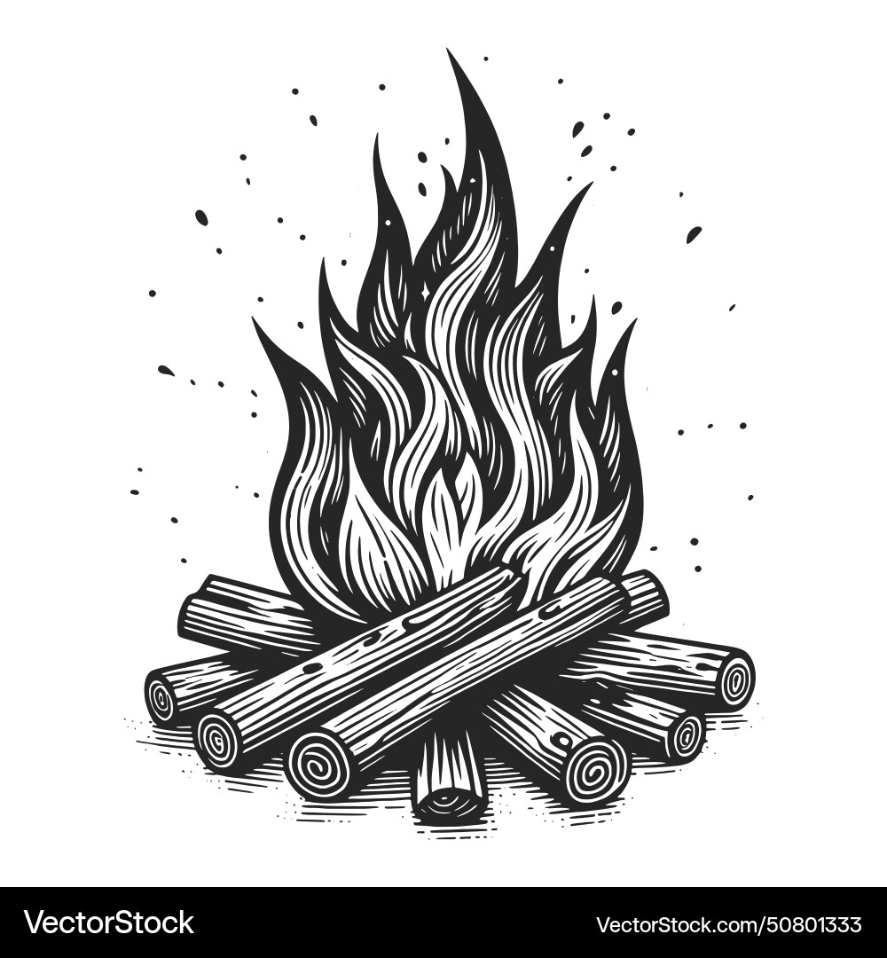 Campfire with roaring flames engraving Royalty Free Vector