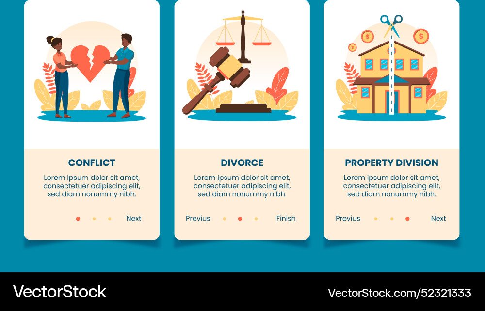 Divorce mediation onboarding screens Royalty Free Vector