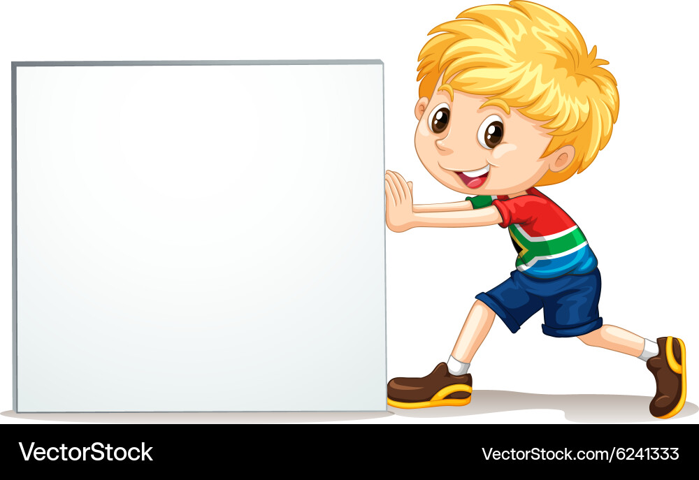 Little boy pushing blank sign Royalty Free Vector Image