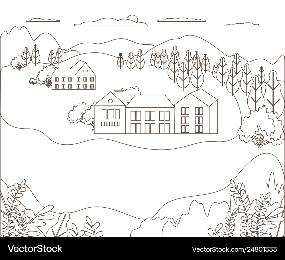 Thin line outline landscape rural farm panorama Vector Image