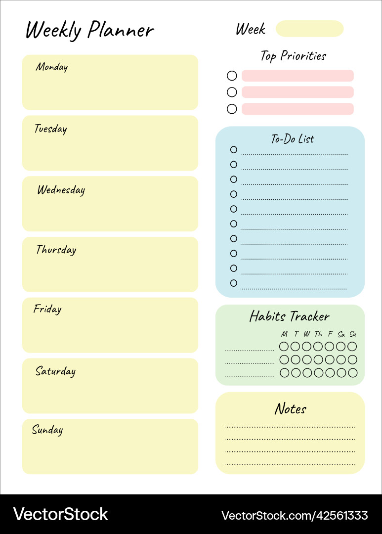 Weekly planner printable template blank Royalty Free Vector