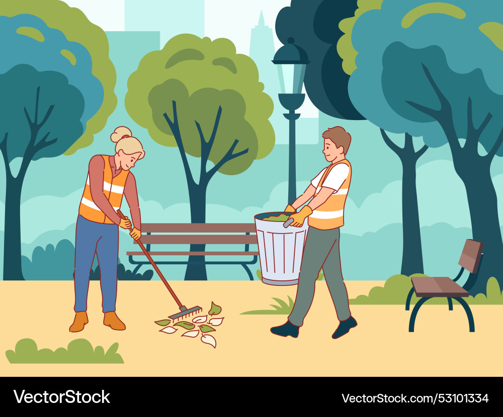 Janitors team clean street people in uniform Vector Image