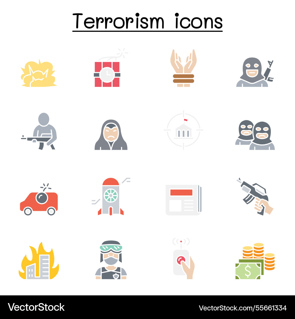 Terrorism icon set in flat color style Royalty Free Vector