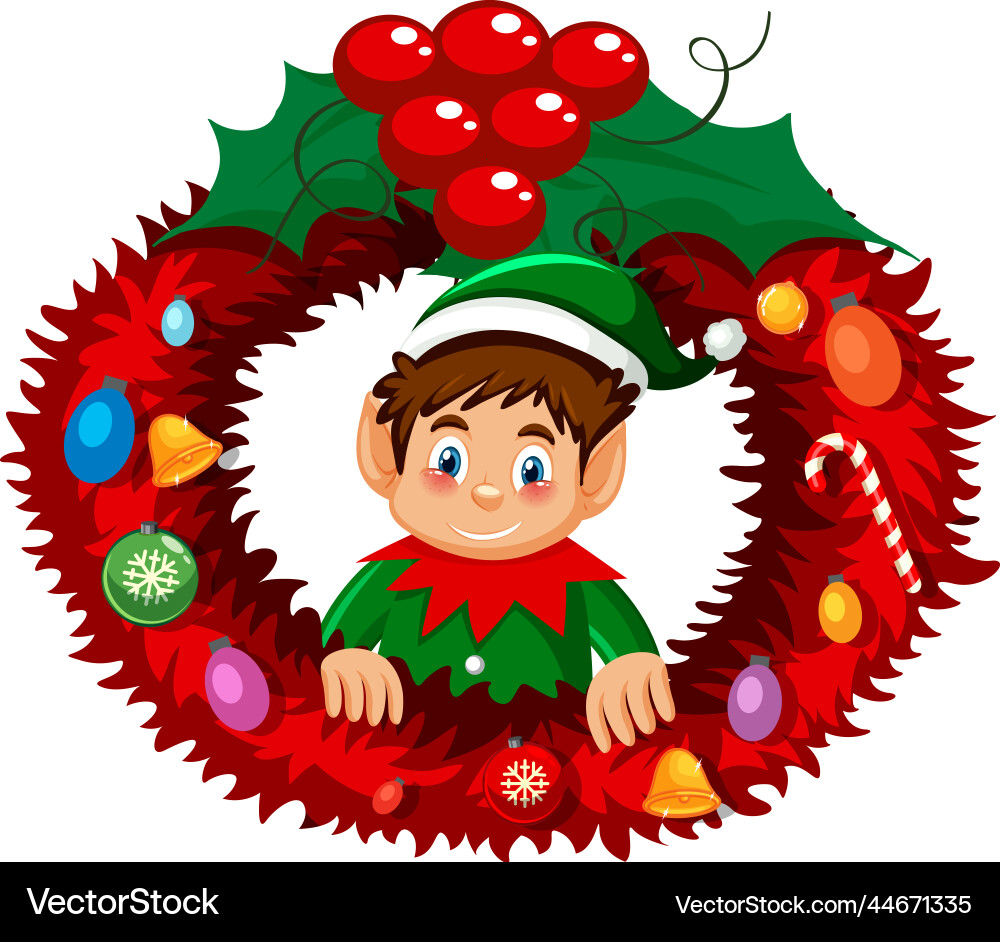 Elf christmas wreath in cartoon style Royalty Free Vector