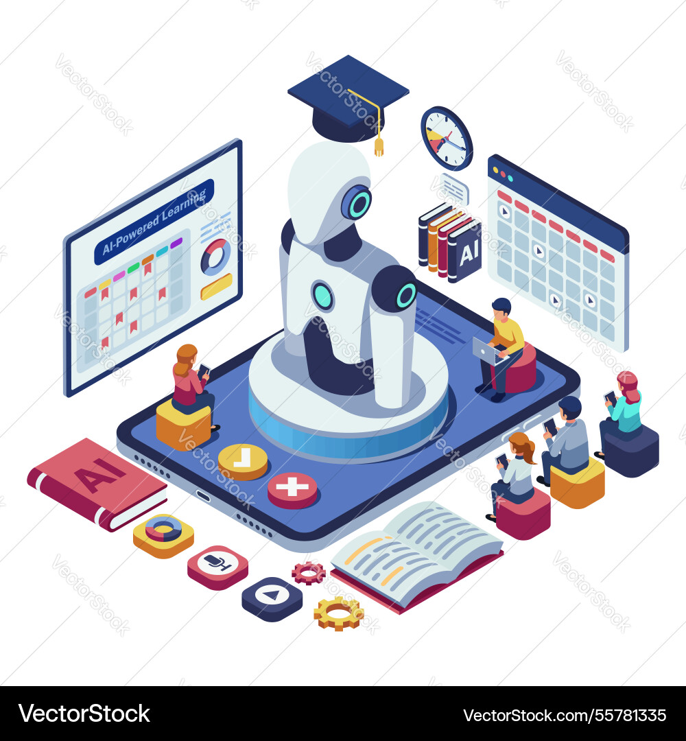 Isometric students interacting with ai-powered Vector Image