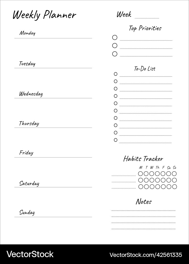 Weekly planner printable template blank Royalty Free Vector