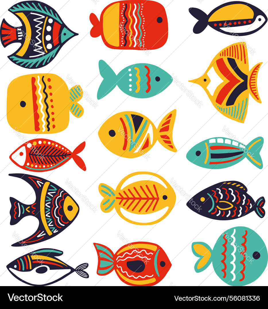 Boho linocut fish collection Royalty Free Vector Image