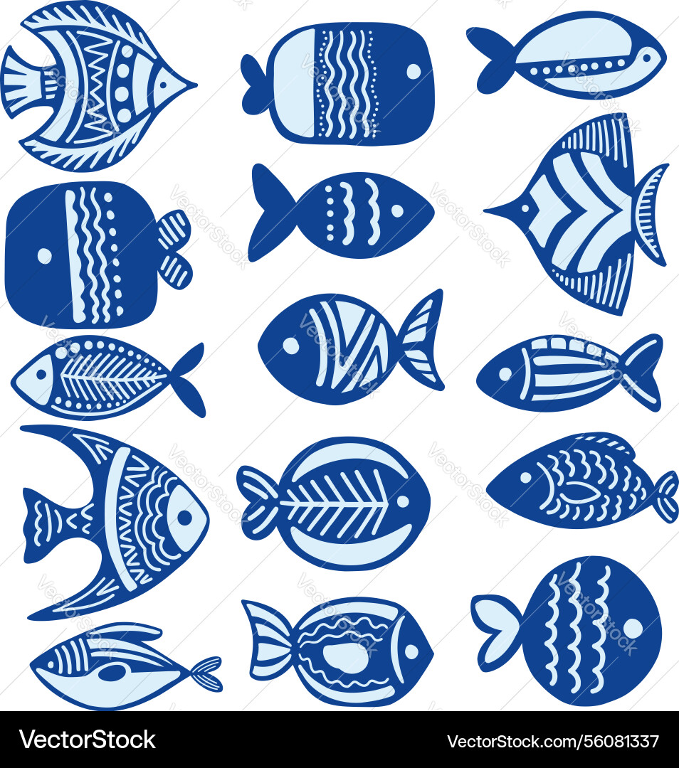 Boho linocut fish collection Royalty Free Vector Image
