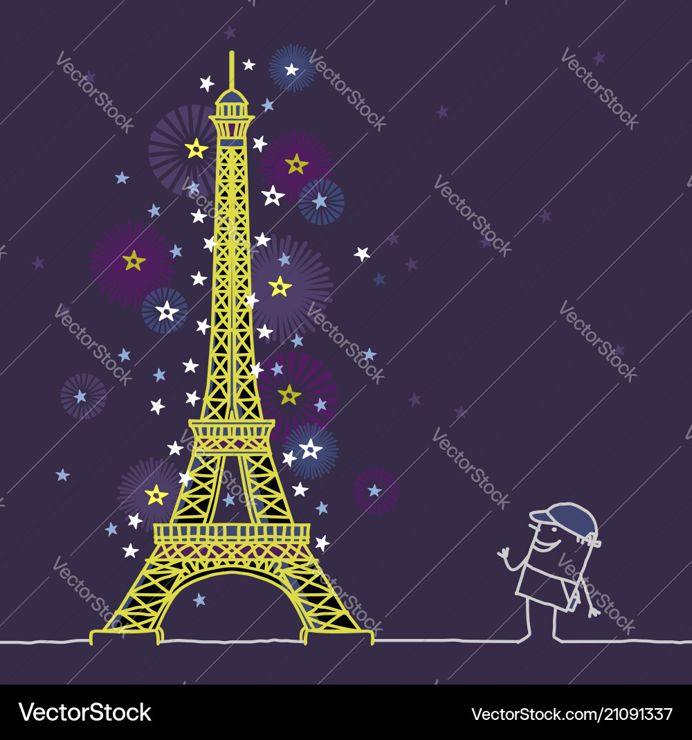 Cartoon man and paris by night Royalty Free Vector Image