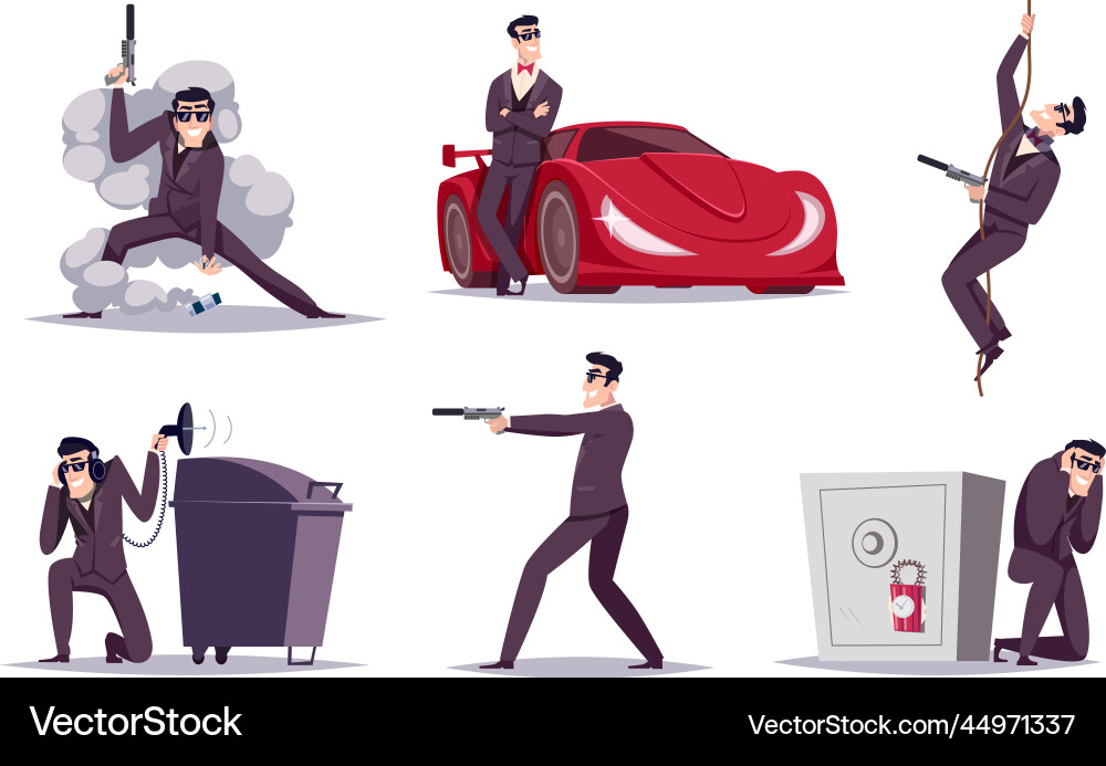 Secret agent spy characters in action poses Vector Image