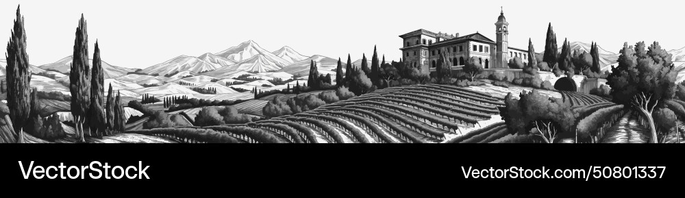 Tuscan landscape villa vineyards engraving Vector Image