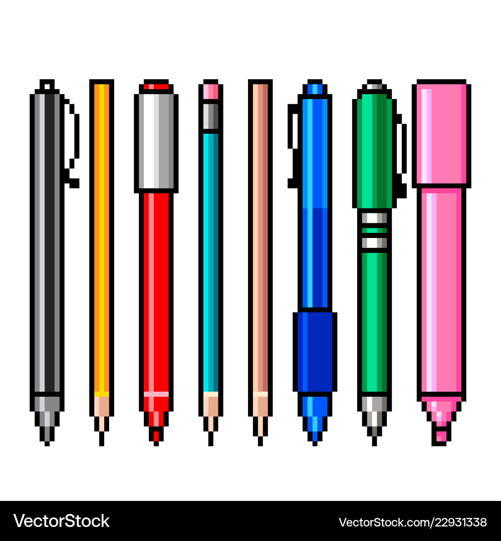 Pixel pencils and pens detailed isolated Vector Image