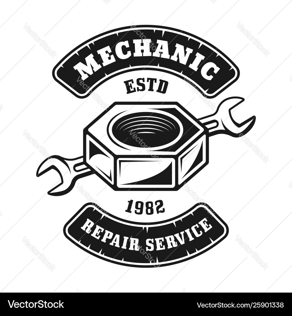 Screw nut and wrench emblem label badge Royalty Free Vector