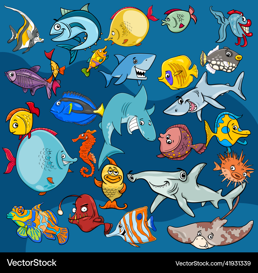 Cartoon fish marine animal characters background Vector Image