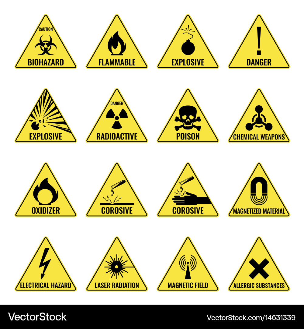 Hazard warning triangual yellow icon set on white Vector Image