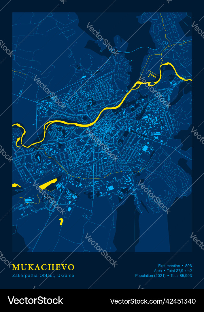 Town mukachevo map poster detailed Royalty Free Vector Image