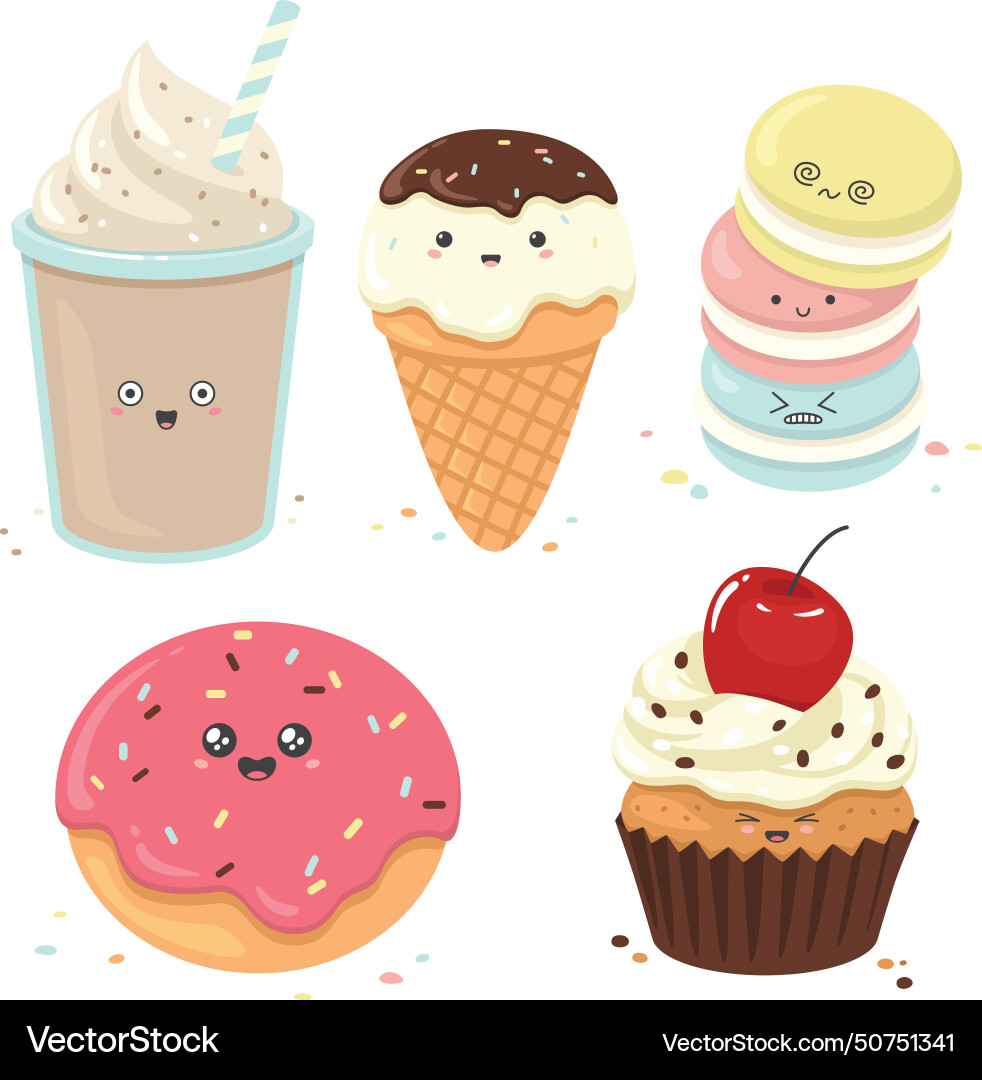 Collection cartoon cute sweet desserts characters Vector Image
