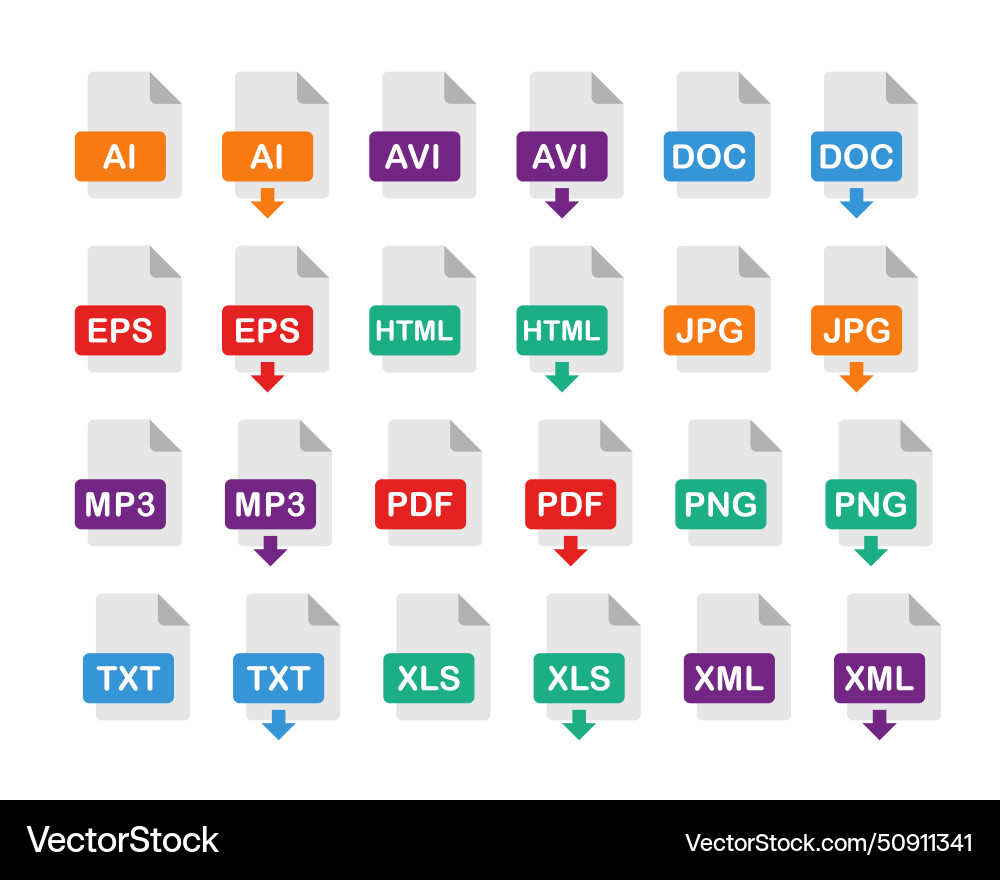 File format icon set extensions popular Royalty Free Vector File format icon set extensions popular Royalty Free Vector