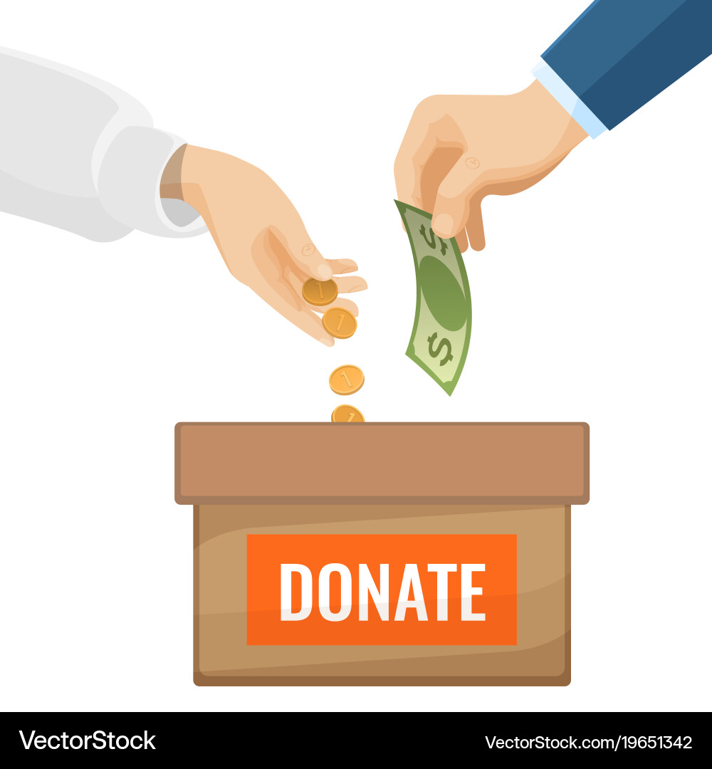 Donate sign on cardboard box with money Royalty Free Vector