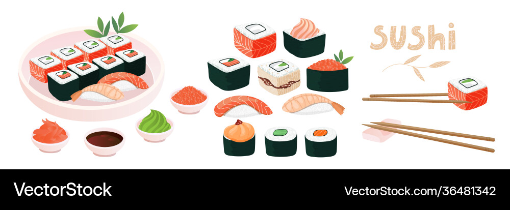 Sushi elements big set different types Royalty Free Vector