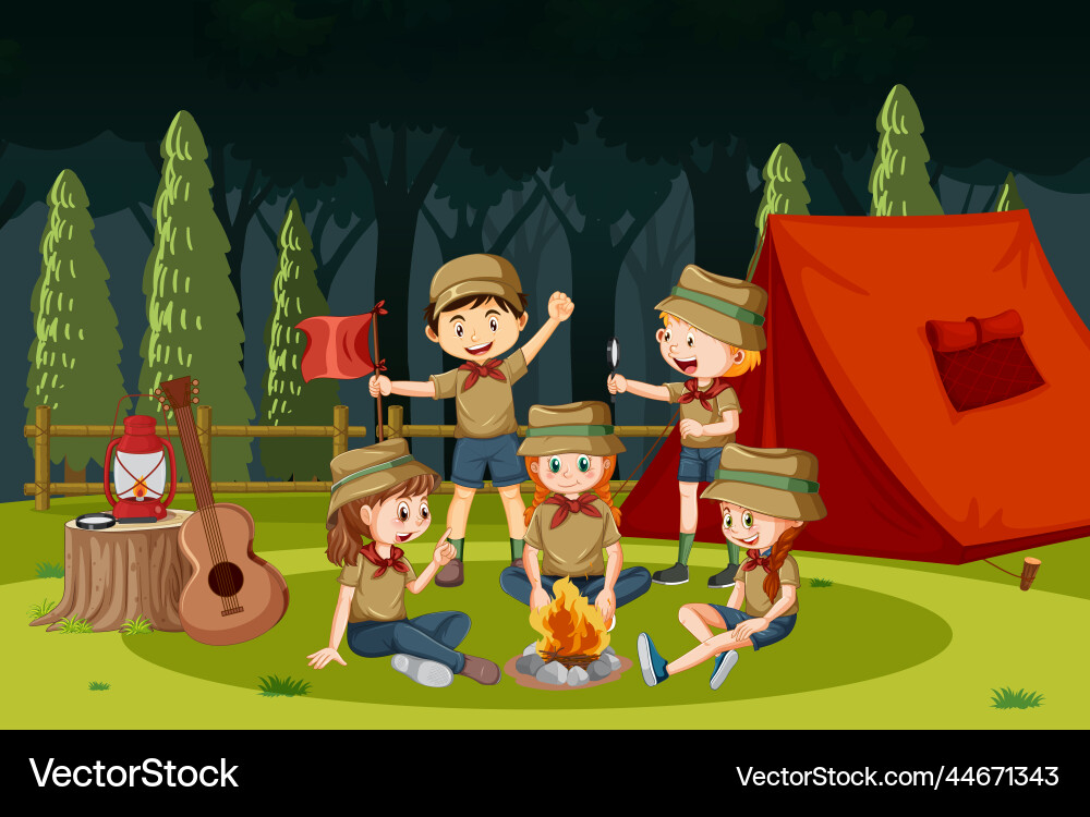 Outdoor camping with scout kids Royalty Free Vector Image