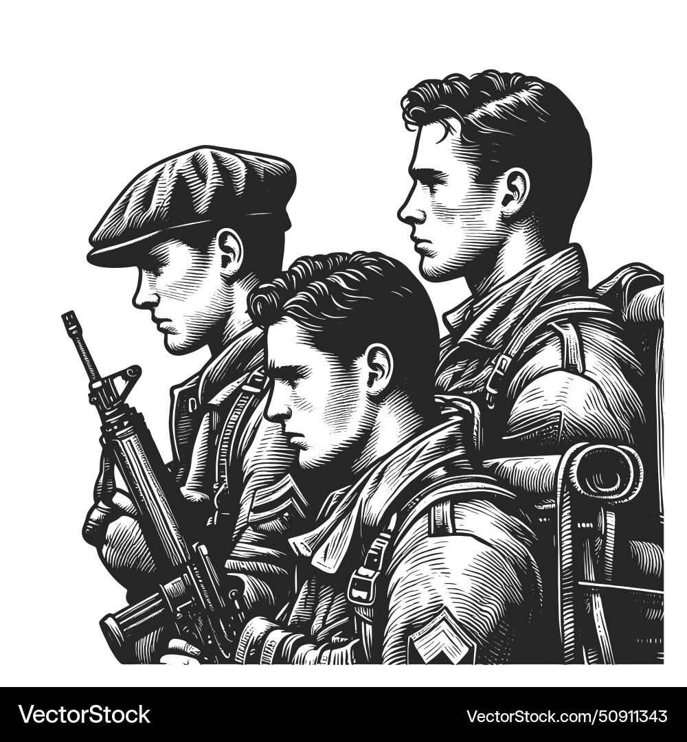 Three soldiers engraving Royalty Free Vector Image
