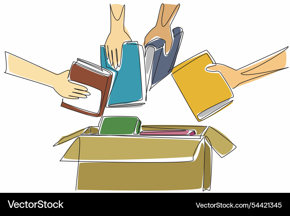 Single one line drawing four hands holding Vector Image