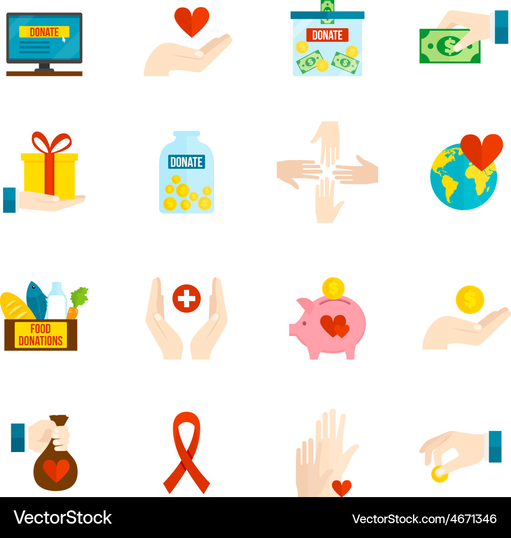 Charity icons flat set Royalty Free Vector Image