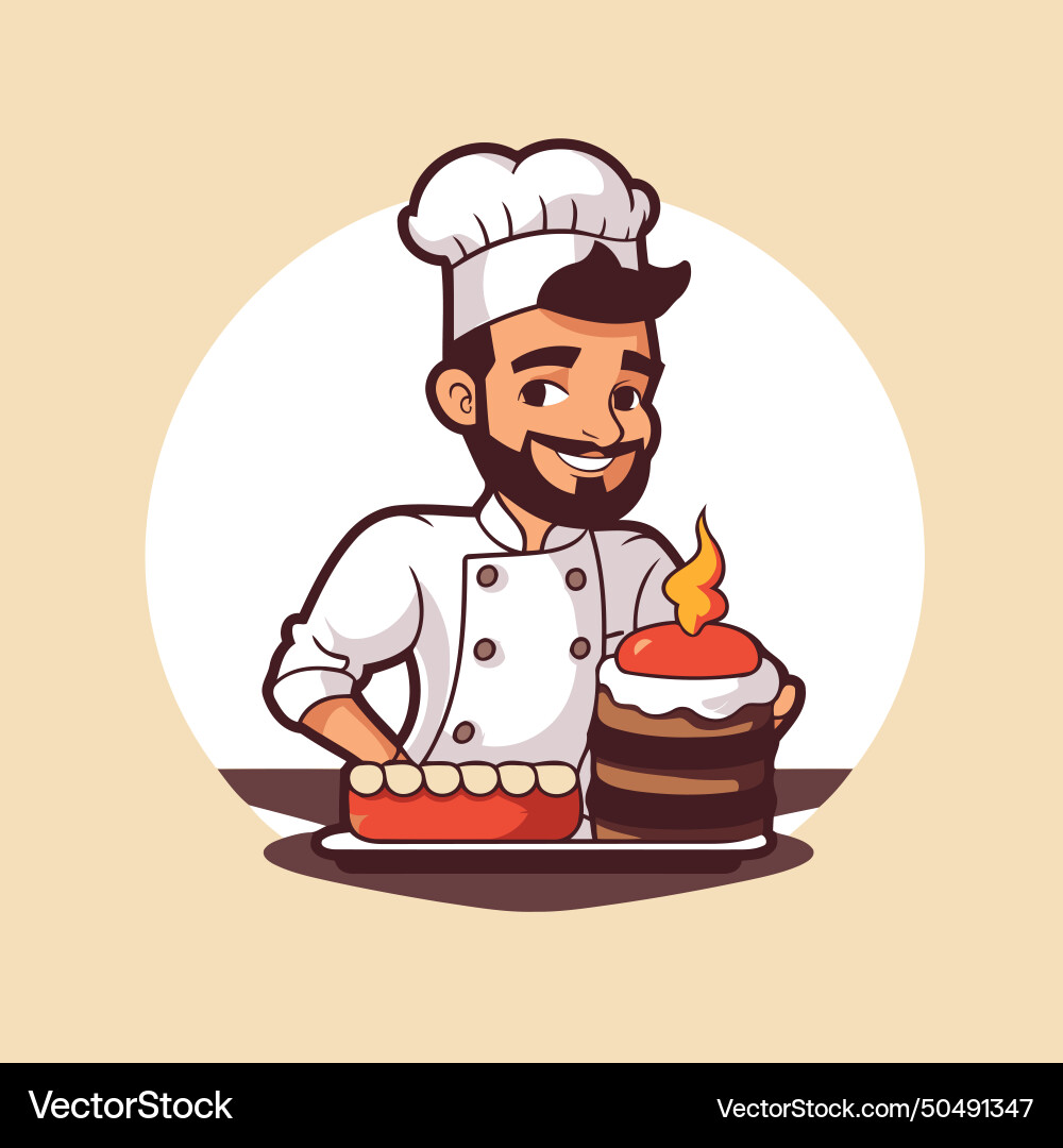 Chef with cake and cupcake in cartoon style Vector Image