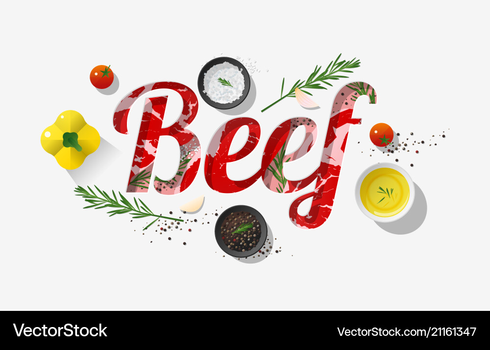 Word beef design with fresh raw and spices Vector Image
