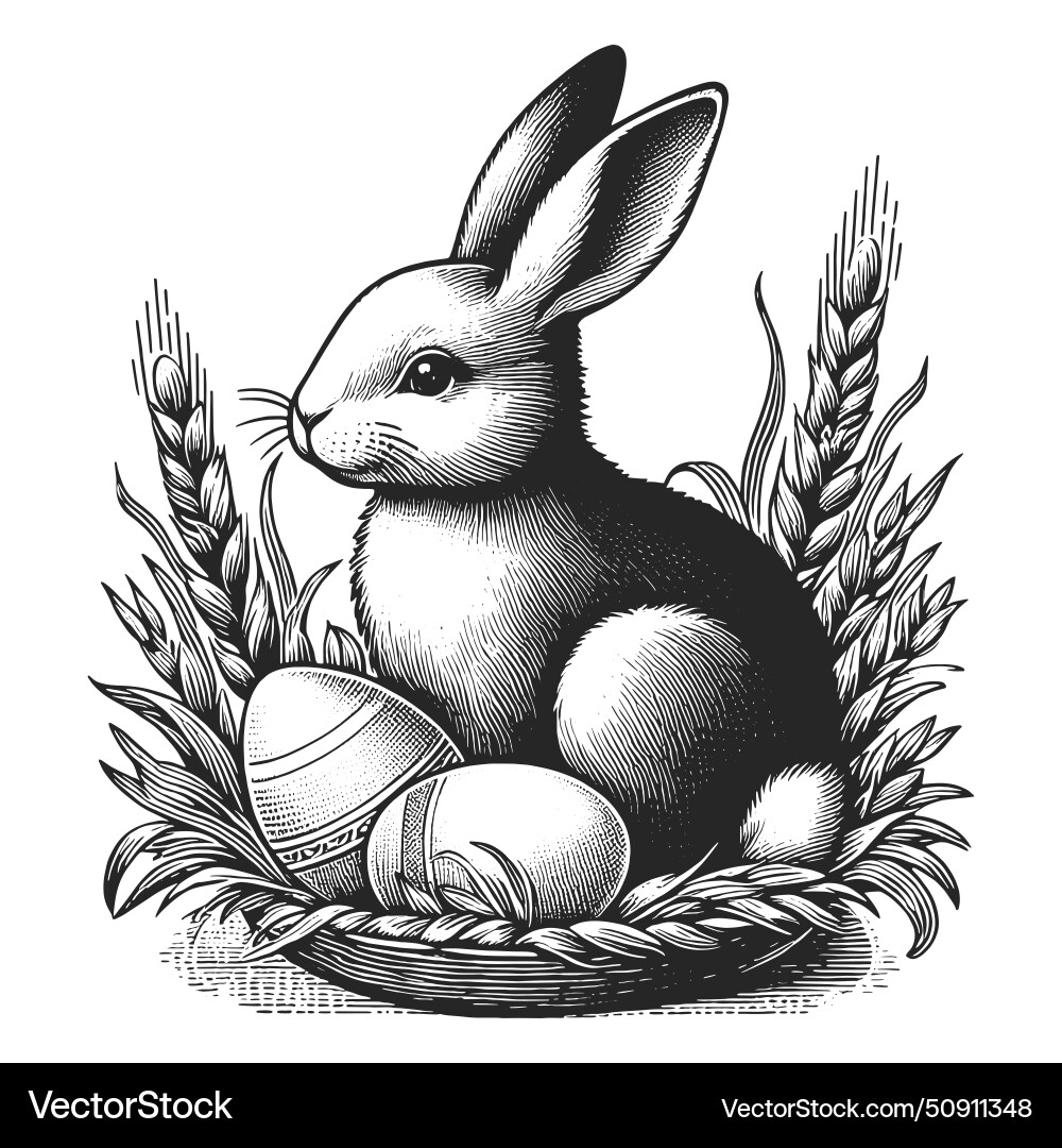 Easter rabbit with eggs flowers engraving Vector Image