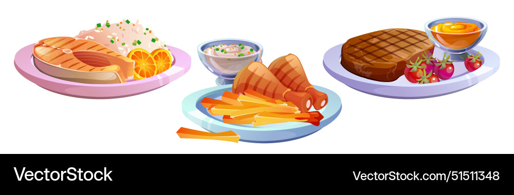 Meat and fish dishes set isolated on white Vector Image