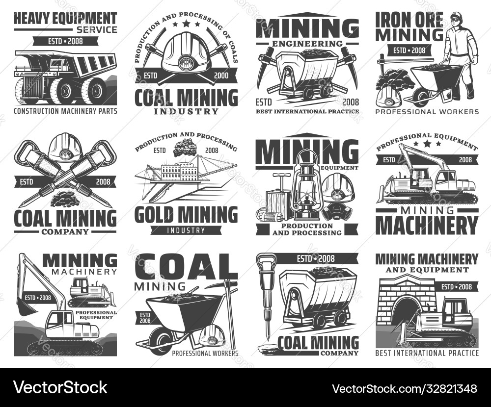 Mining industry equipment and miner tool icons Vector Image