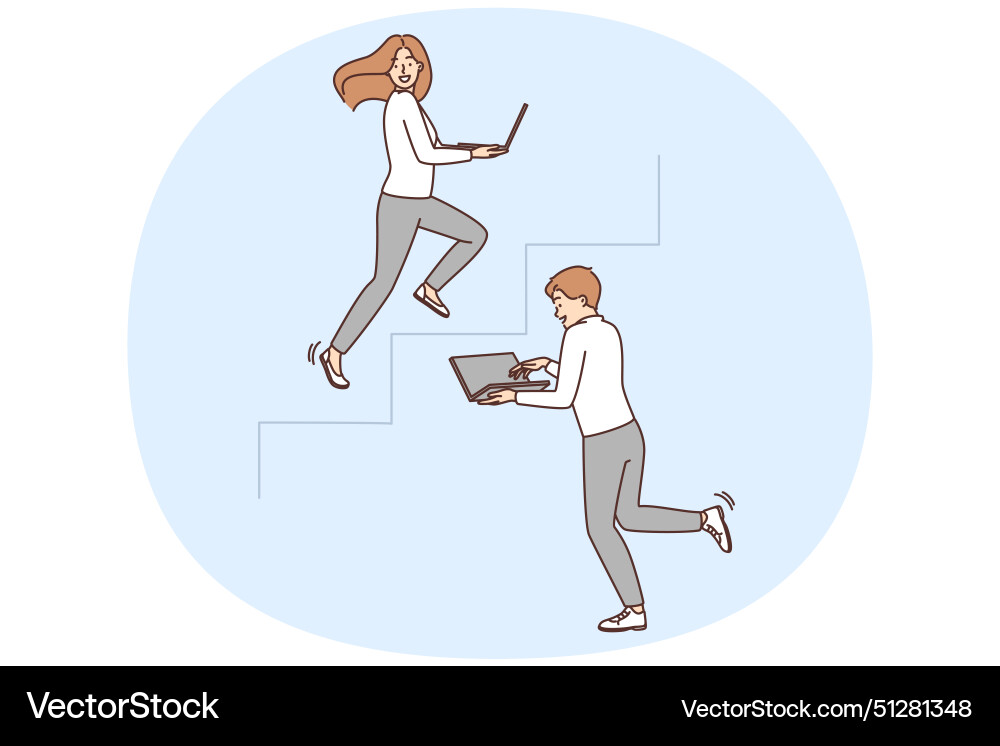 Motivated employees with laptops running upstairs Vector Image