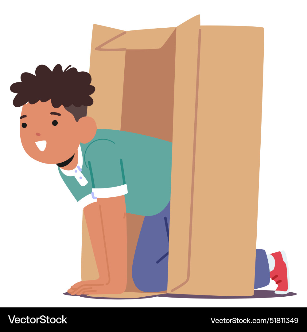Cheerful child playing inside a cardboard box Vector Image