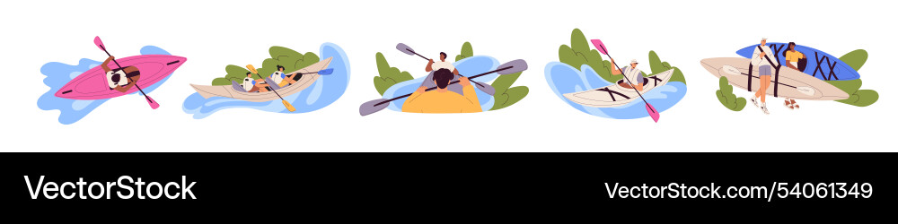 Kayaking set men women rafting on river alone Vector Image