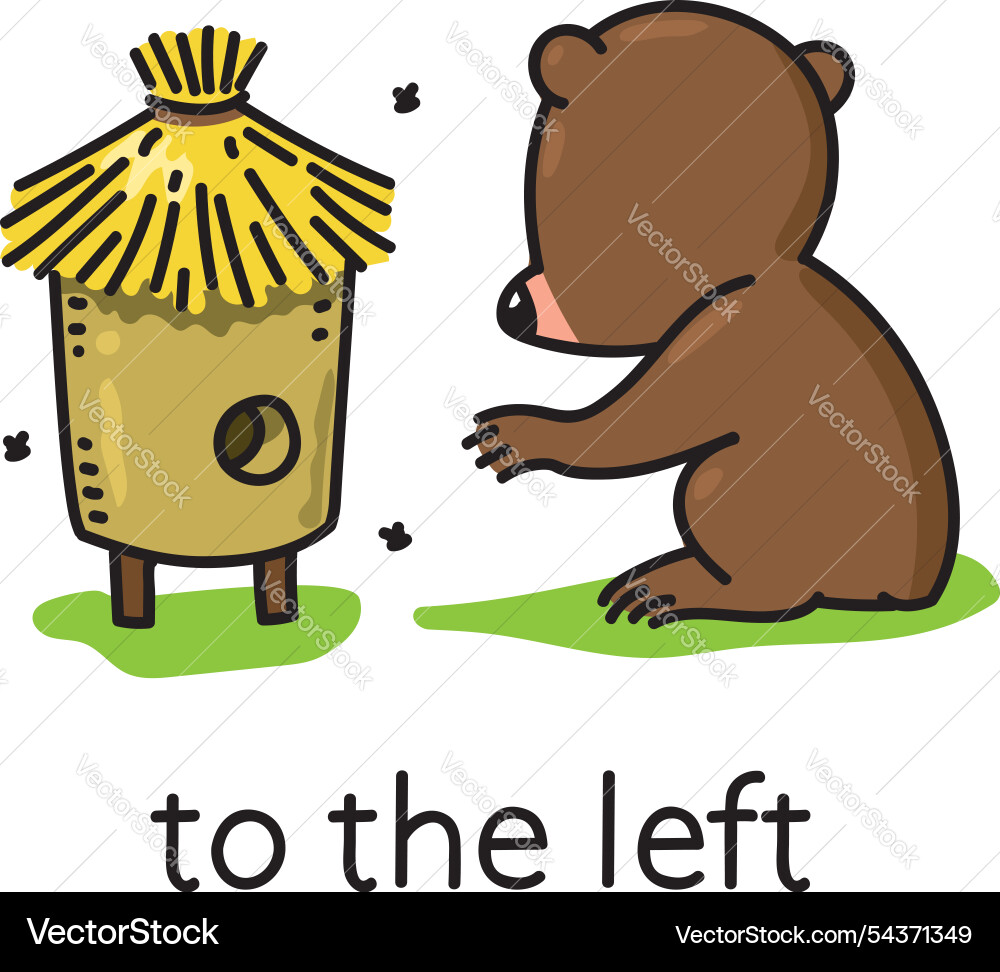 Preposition bear to the left of beehive Royalty Free Vector